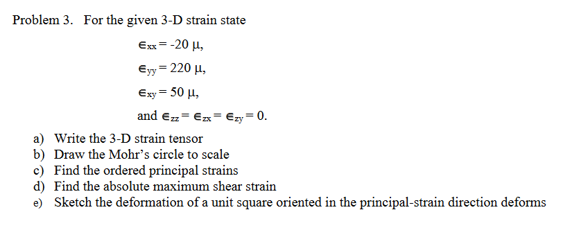Solved Problem 3. For the given 3-D strain state Exx = -20 | Chegg.com