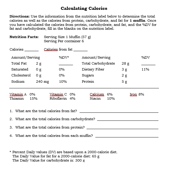 Solved Calculating Calories Directions: Use the information | Chegg.com