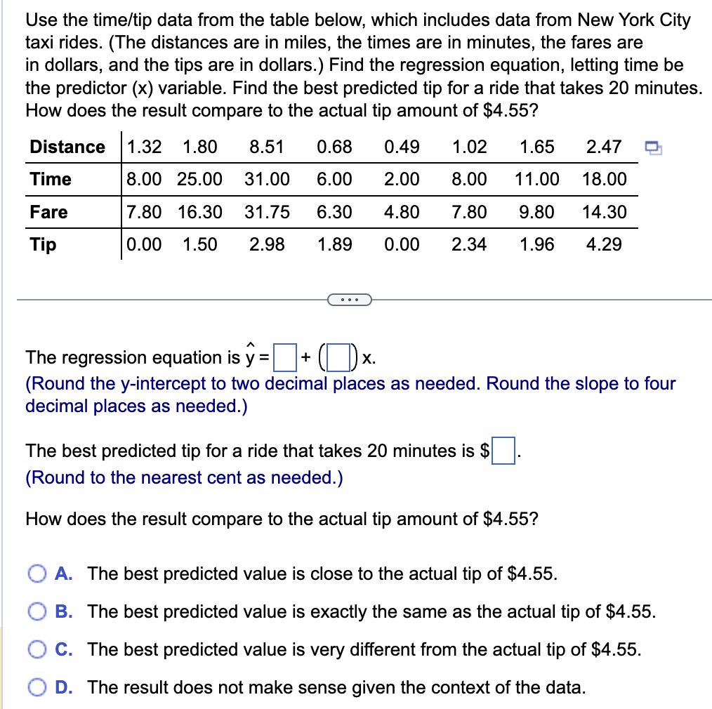 Solved Use the time/tip data from the table below, which | Chegg.com