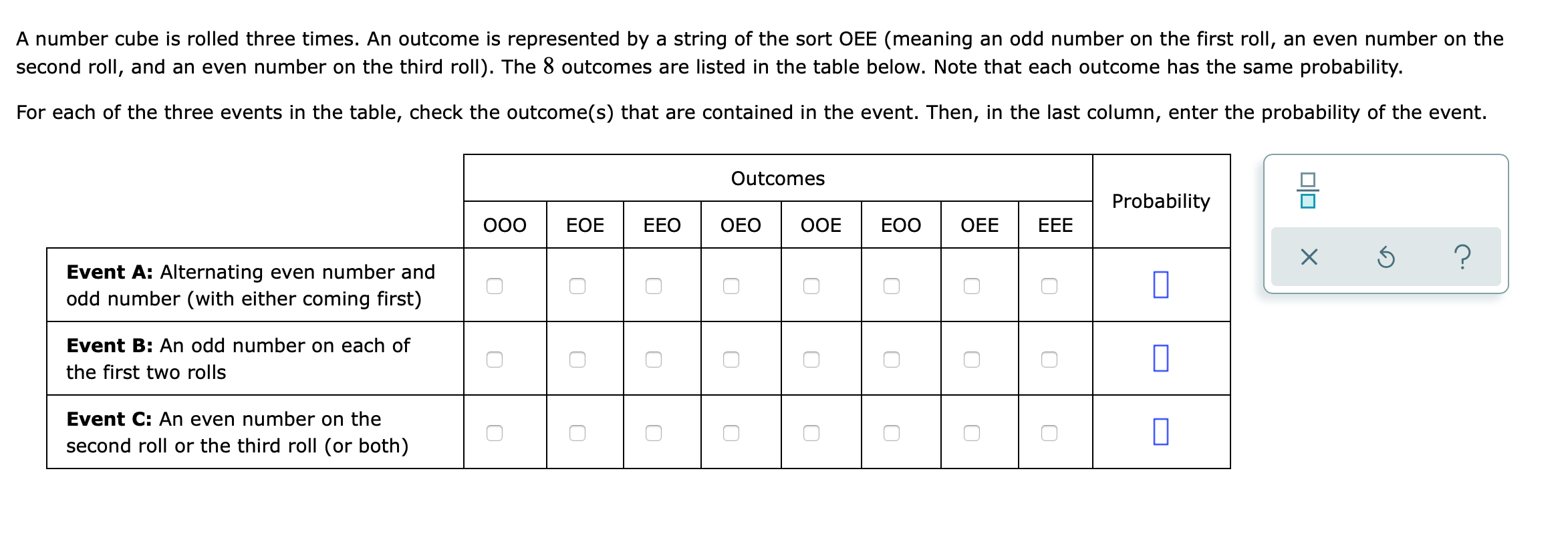 Solved A number cube is rolled three times. An outcome is | Chegg.com