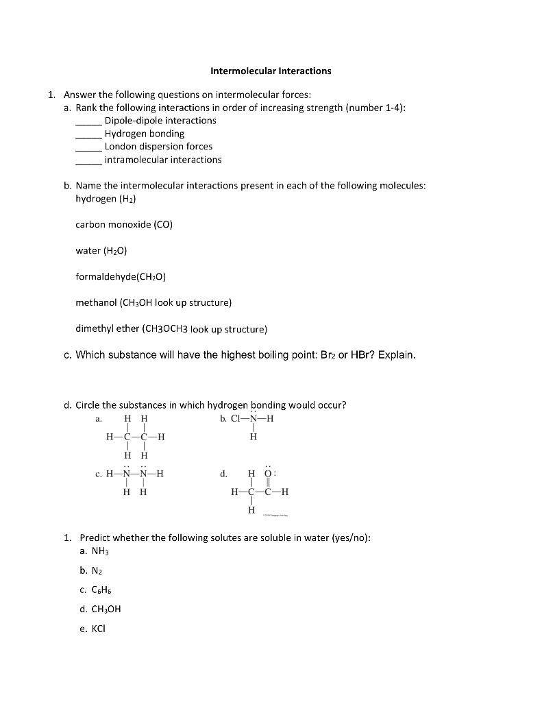 Solved Intermolecular Interactions 1. Answer the following | Chegg.com