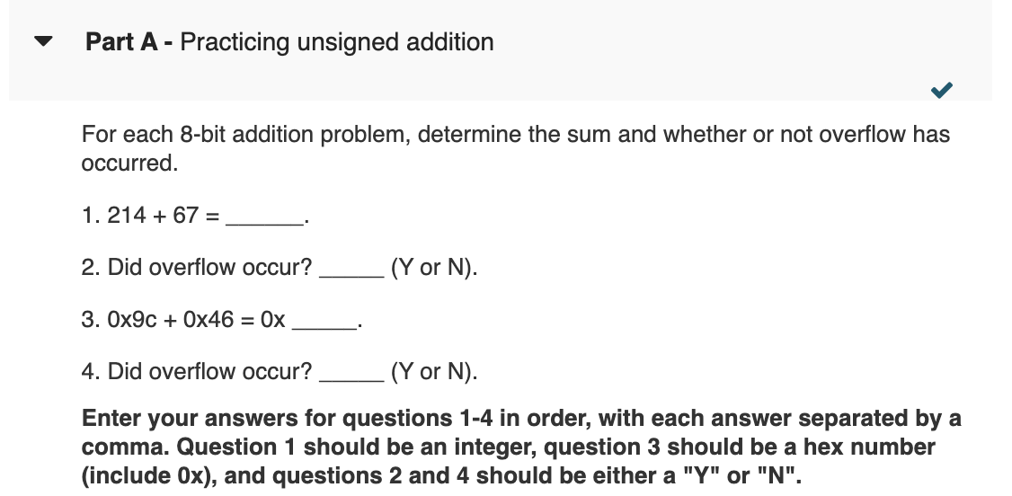 Solved Part A - Practicing unsigned addition For each 8-bit | Chegg.com