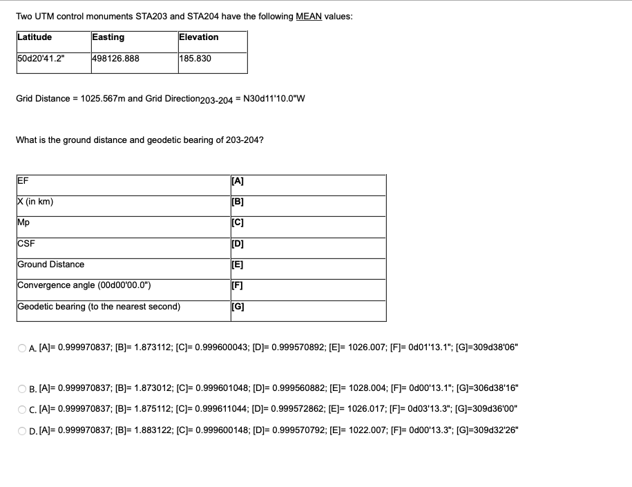 Solved Two UTM control monuments STA203 and STA204 have the | Chegg.com