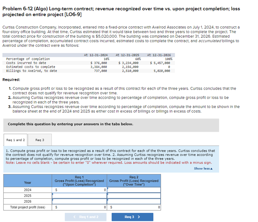 Solved Problem 6-12 (Algo) Long-term contract; revenue | Chegg.com