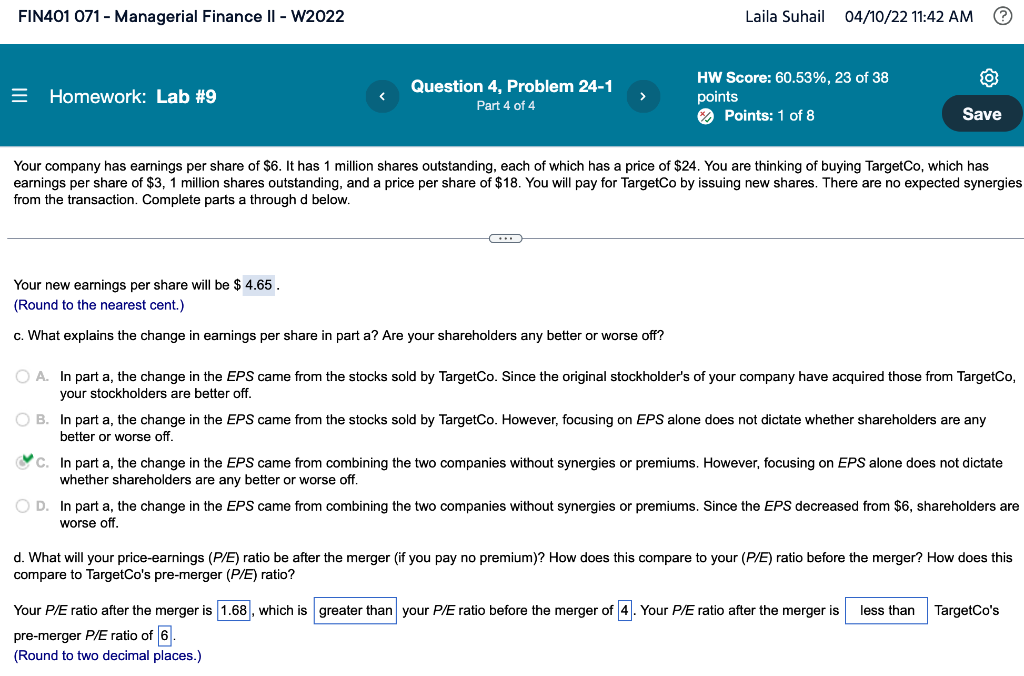 Solved FIN401 071 - Managerial Finance || - W2022 Laila | Chegg.com