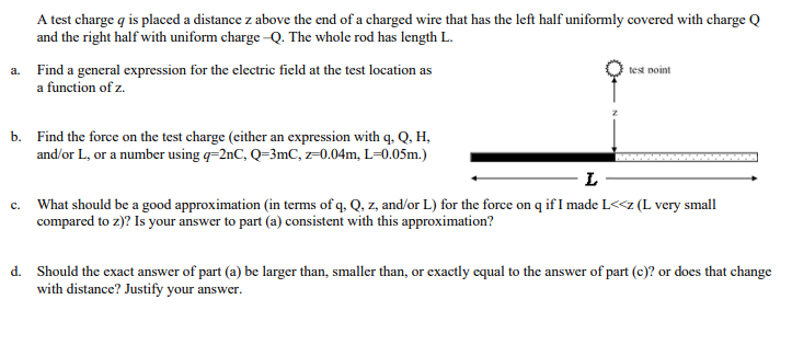 Solved a test charge q is place a distance z above the end | Chegg.com