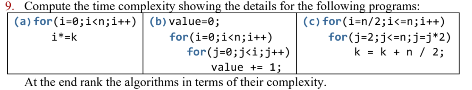 Solved 9. Compute the time complexity showing the details | Chegg.com