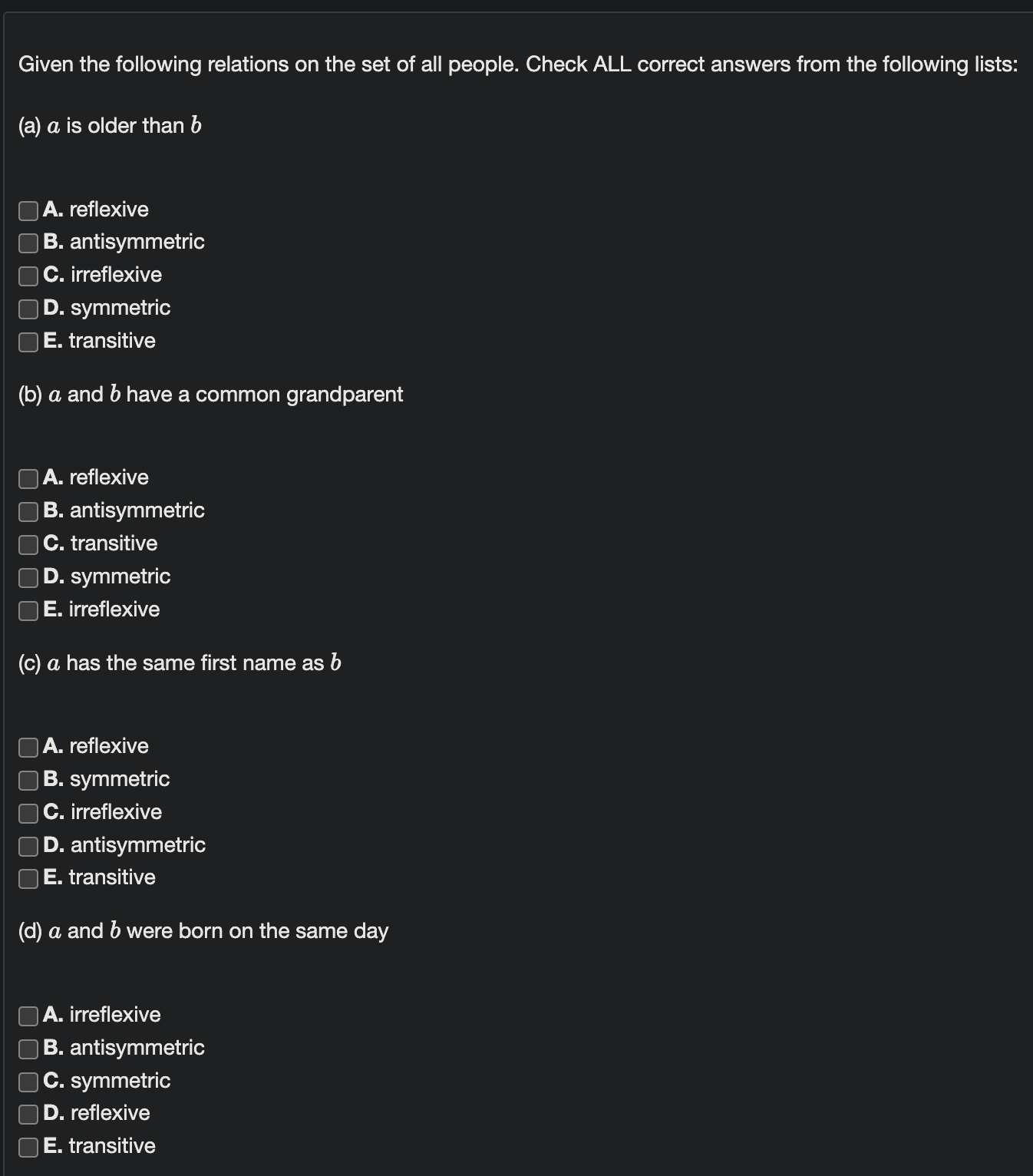 Solved Given the following relations on the set of all | Chegg.com