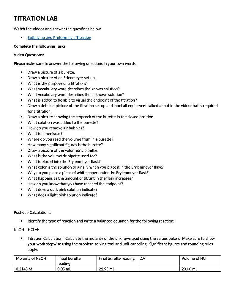 Solved TITRATION LAB Watch the videos and answer the | Chegg.com