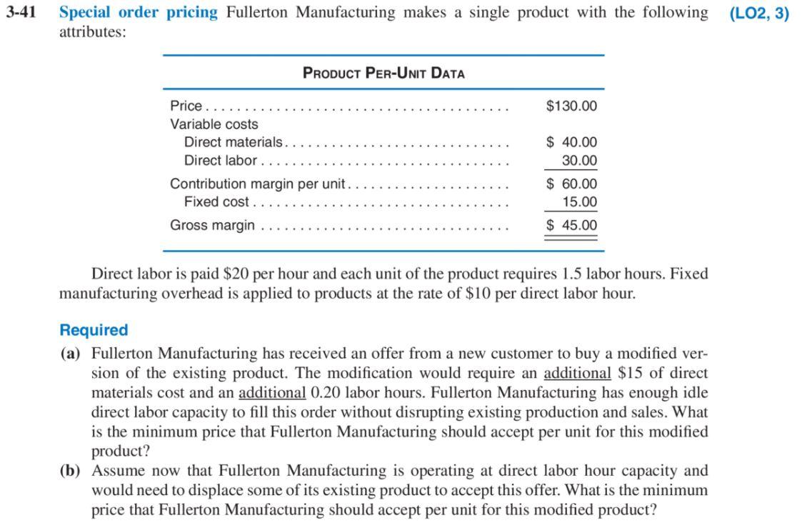 Solved 3-41 Special order pricing Fullerton Manufacturing | Chegg.com