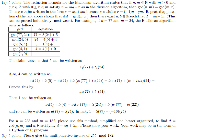 Solved a) 5 points The reduction formula for the Euclidean | Chegg.com