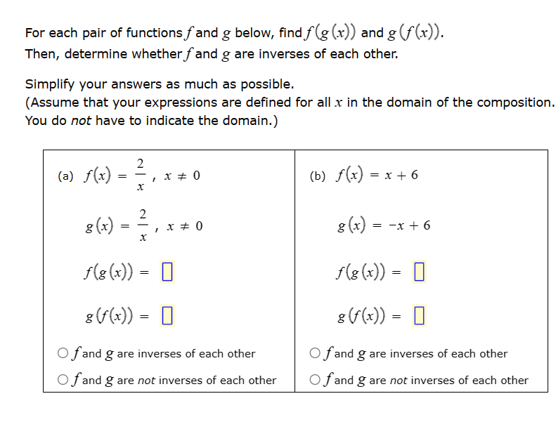 Solved For each pair of functions f and g below, find | Chegg.com
