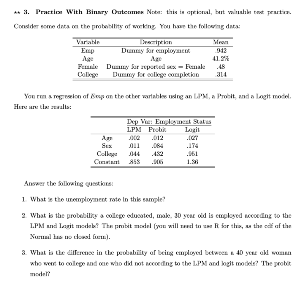 Solved ⋆⋆ 3. Practice With Binary Outcomes Note: this is | Chegg.com