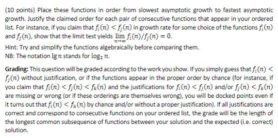 (10 points) Place these functions in order from | Chegg.com