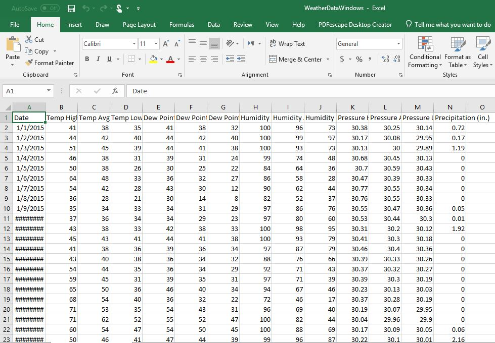 Weatherdatawindows Excel Home Insert Draw Page Layout