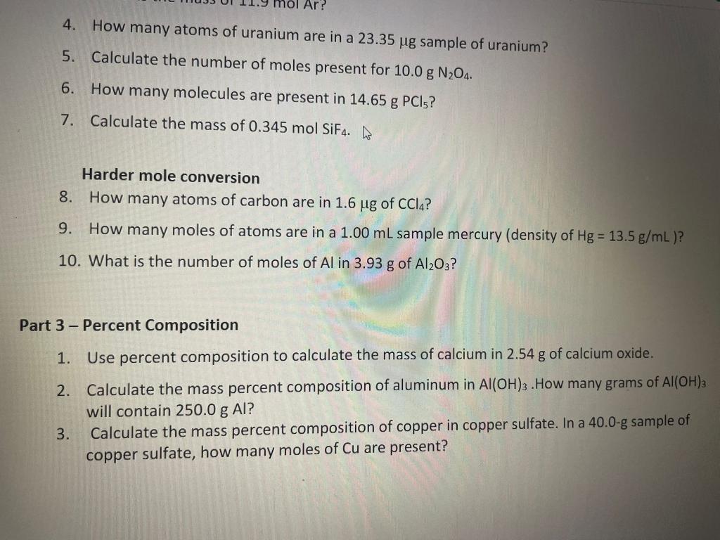 Solved 9. How many moles of atoms are in a 1.00 mL sample | Chegg.com