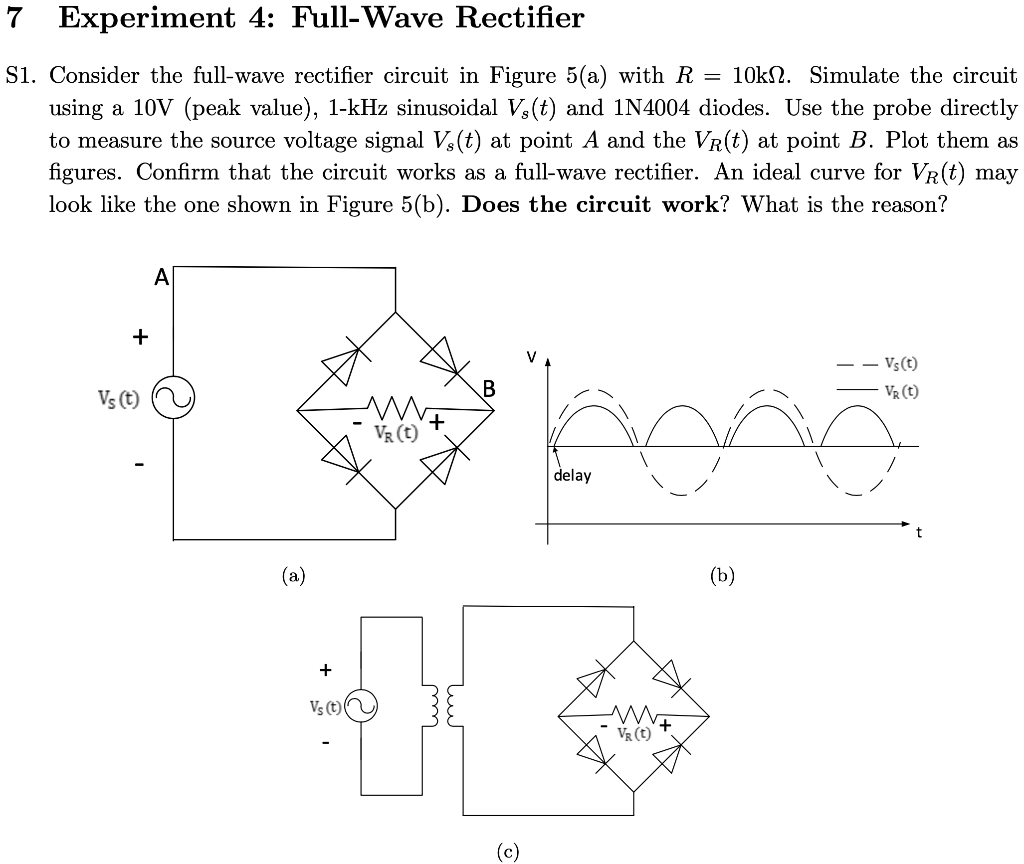 Solved 7 Experiment 4: Full-Wave Rectifier S1. Consider the | Chegg.com
