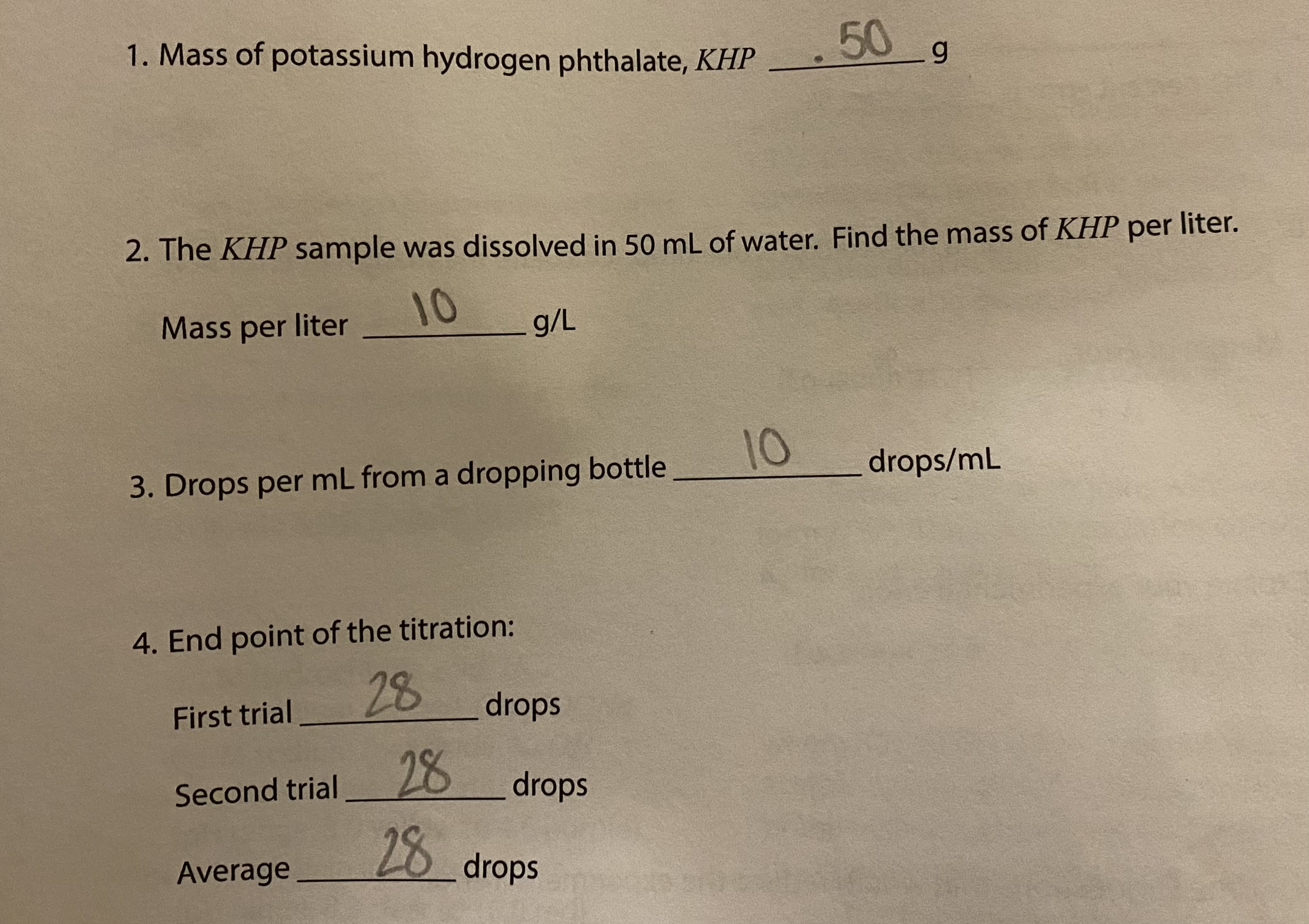 Solved 1. Mass of potassium hydrogen phthalate, KHP g 2. The | Chegg.com