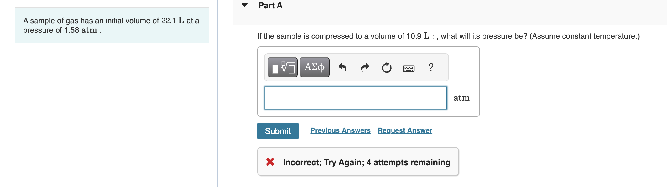 Solved A sample of gas has an initial volume of 22.1 L at a | Chegg.com