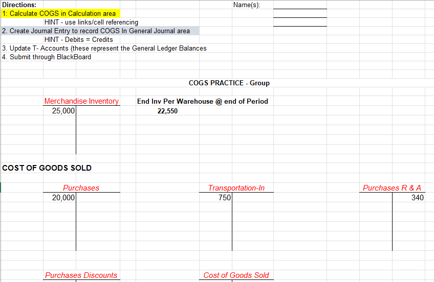 Solved Name(s): Directions: 1: Calculate COGS in Calculation | Chegg.com