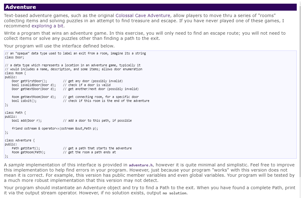 Solved Includes adventure.h Source code for | Chegg.com