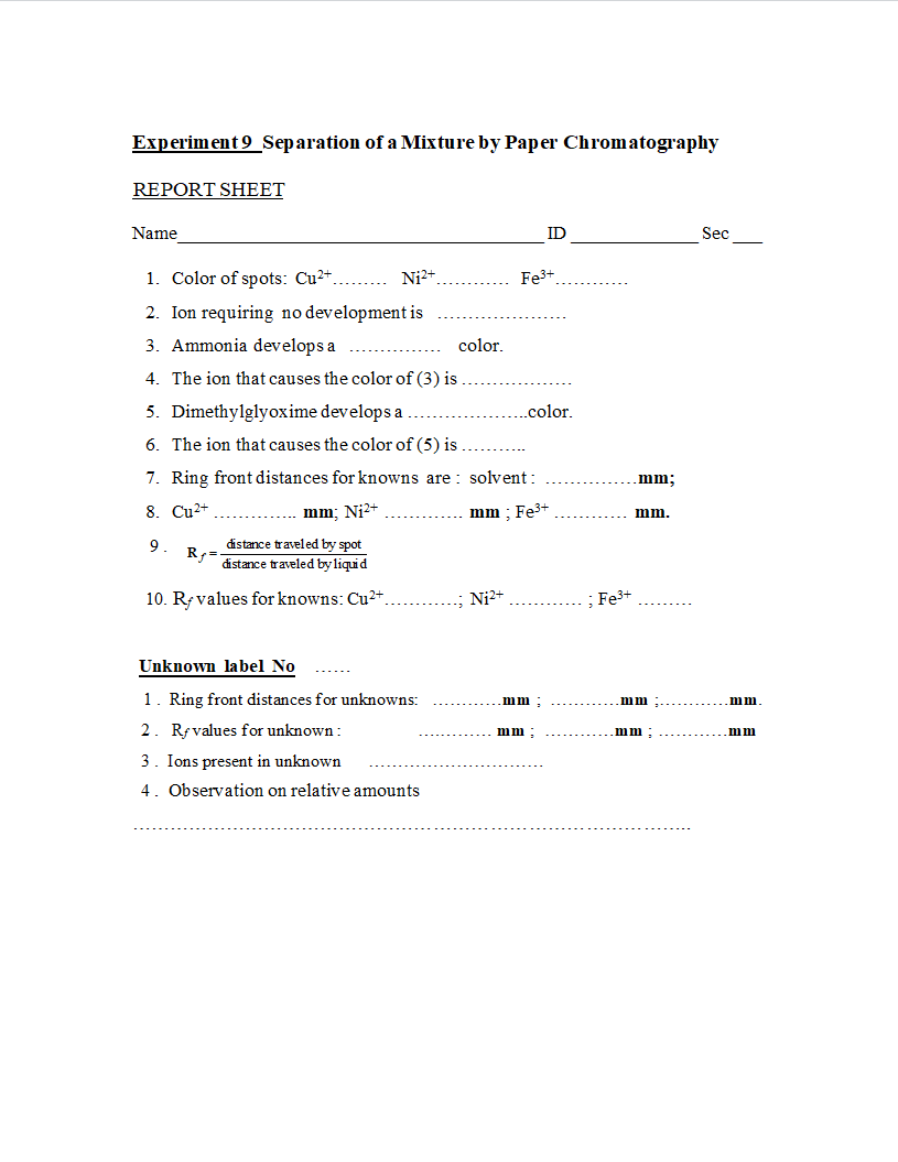 Solved Experiment 9 Separation of a Mixture by Paper | Chegg.com