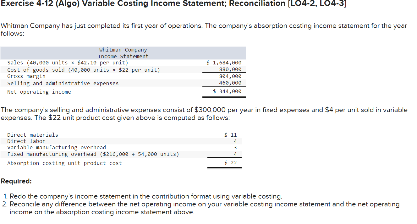Solved Exercise 4-12 (Algo) ﻿Variable Costing Income | Chegg.com