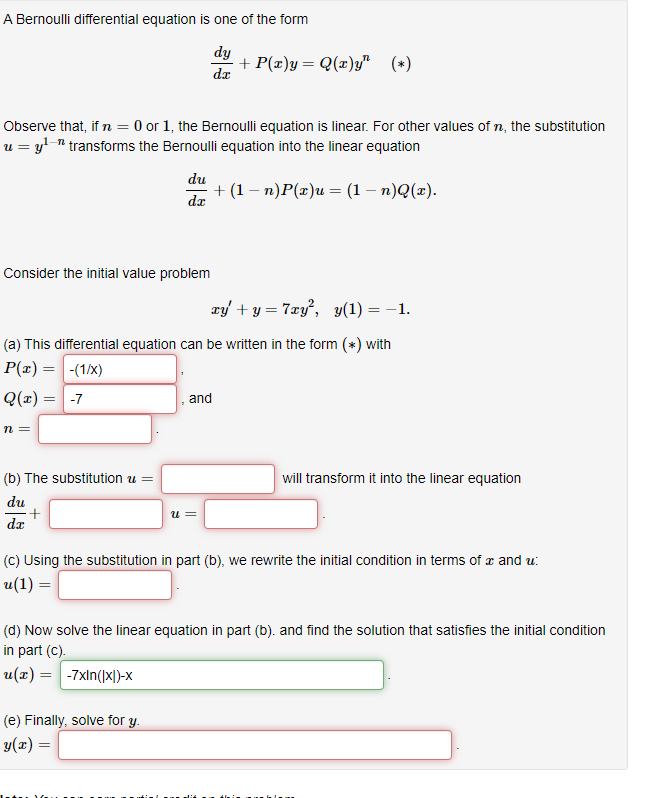 Solved A Bernoulli differential equation is one of the form | Chegg.com