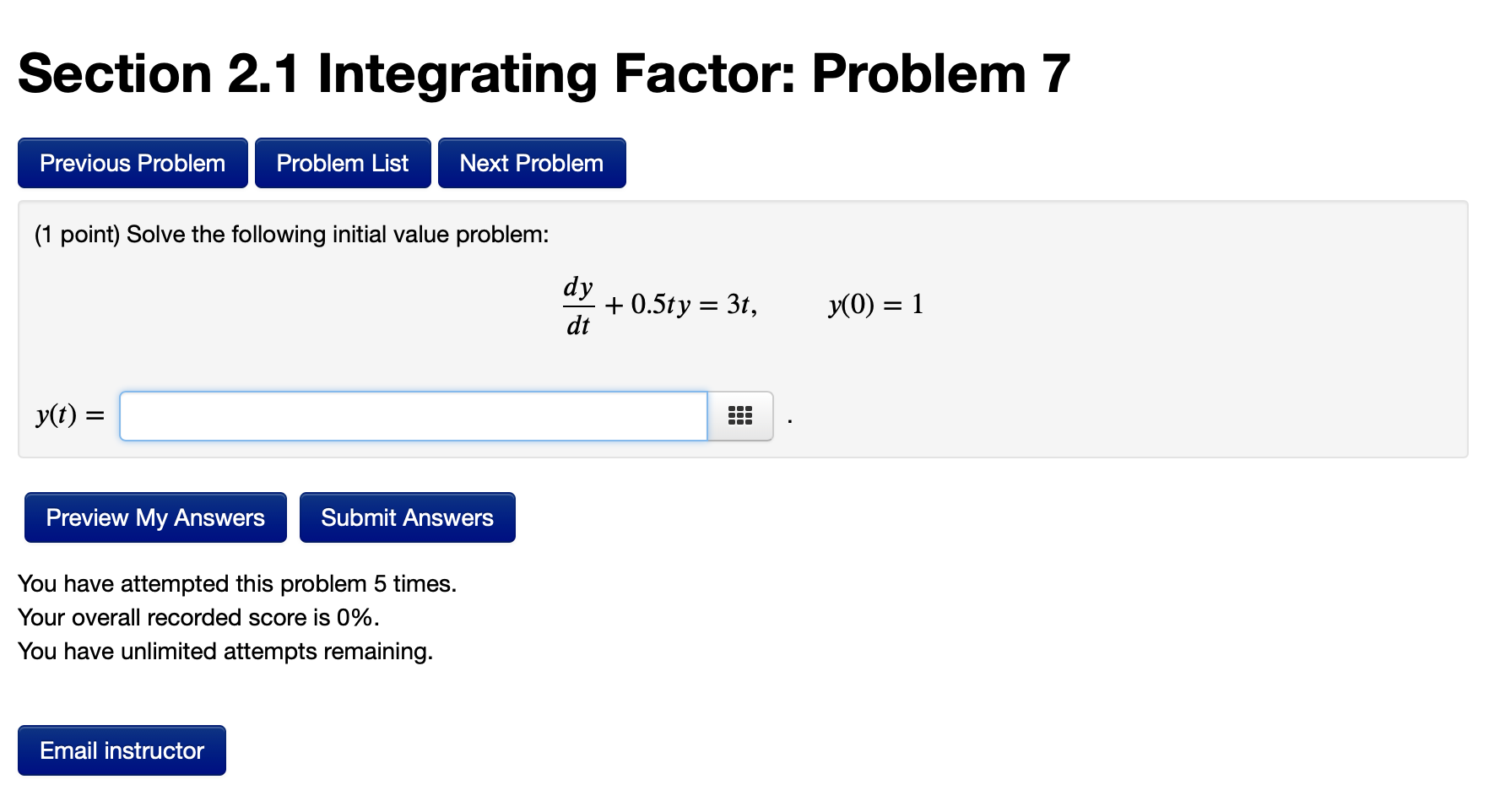 Solved Section 2.1 Integrating Factor: Problem 7 Problem | Chegg.com