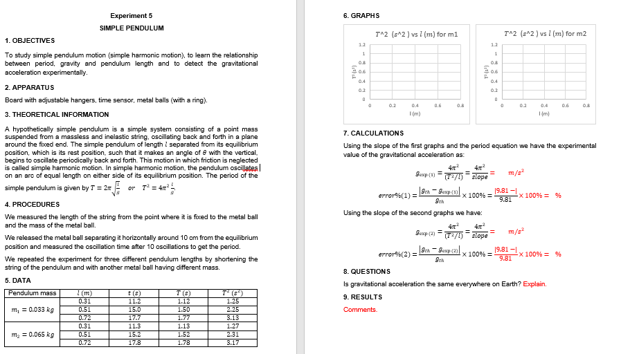 Solved 6. GRAPHS Experiment 5 SIMPLE PENDULUM T^2 (342) vs | Chegg.com