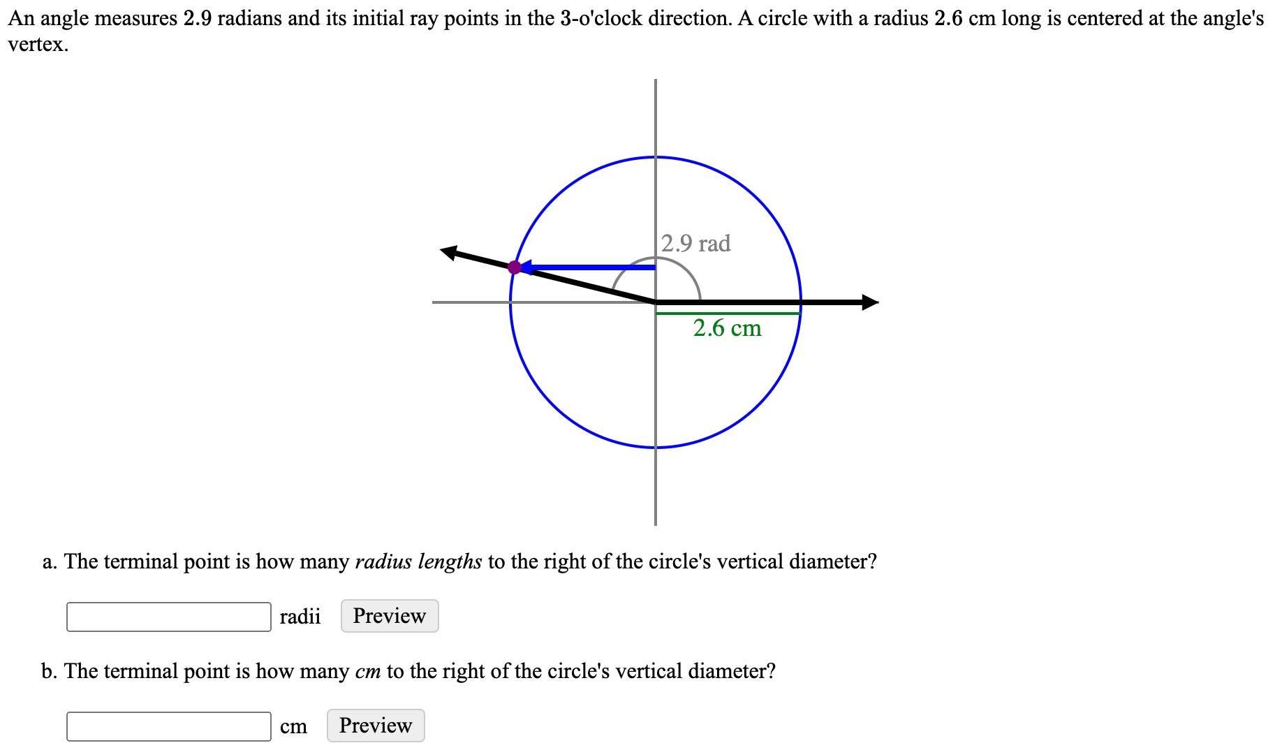 Solved An angle measures 2.9 radians and its initial ray | Chegg.com
