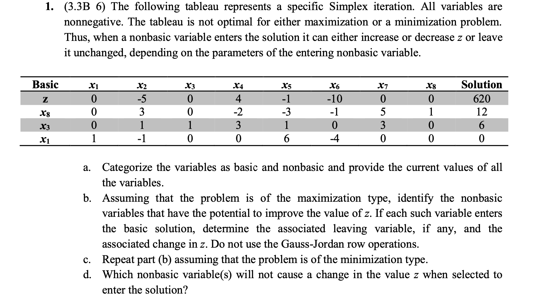 Solved 1. (3.3B 6) The following tableau represents a | Chegg.com