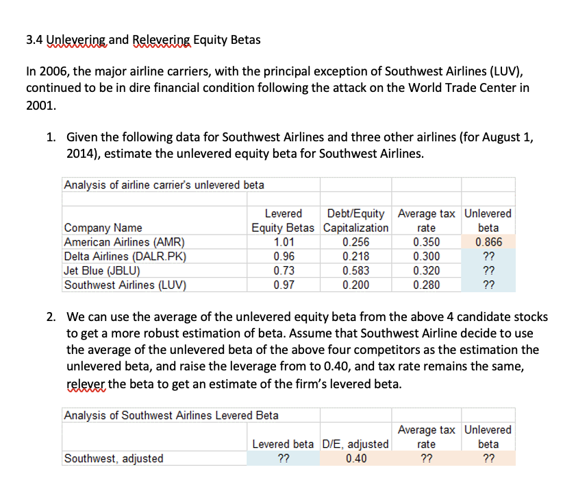 Solved 3.4 Unlevering and Relevering Equity Betas In 2006, | Chegg.com