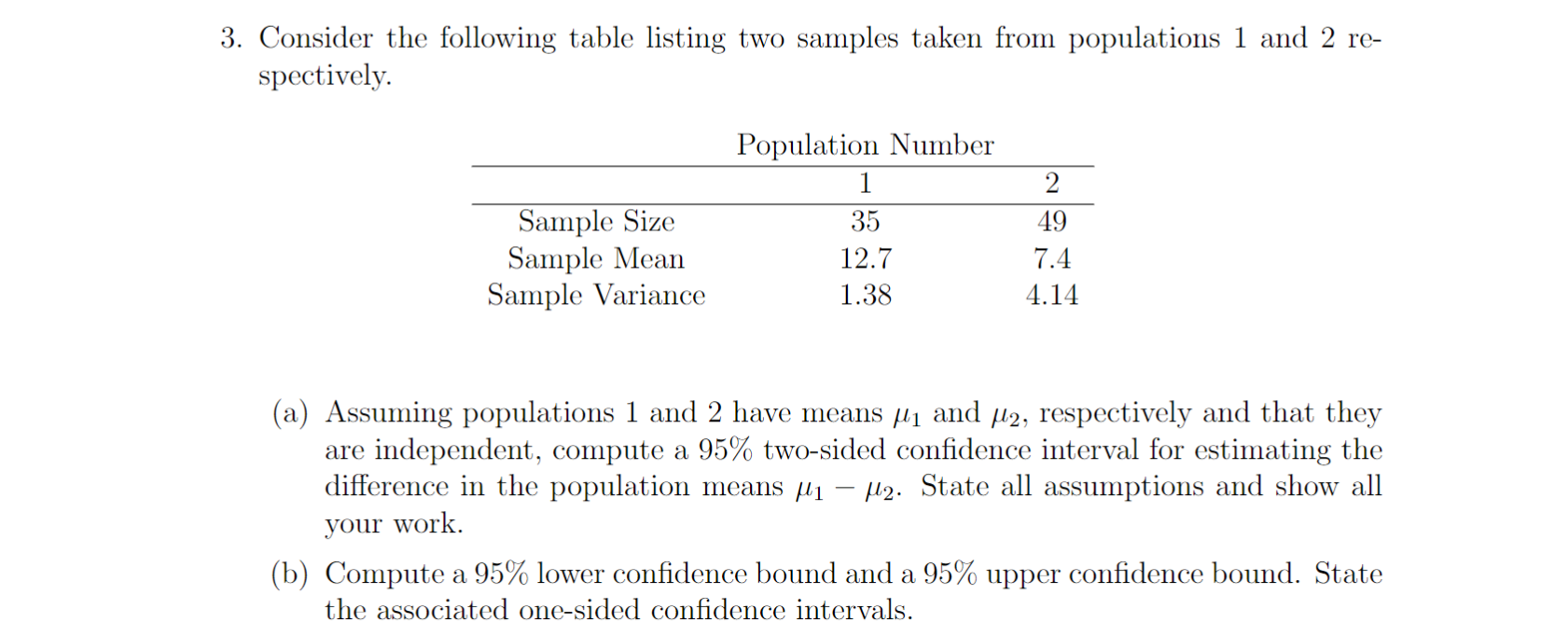 Solved 3. Consider the following table listing two samples | Chegg.com