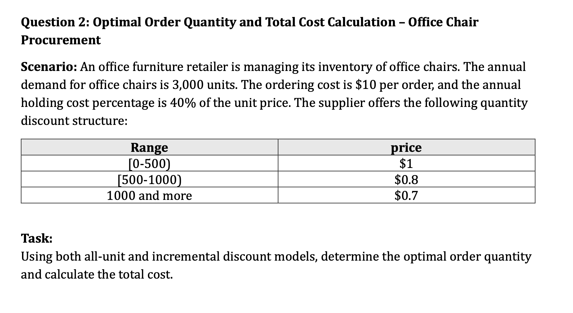 Solved Question 2: Optimal Order Quantity and Total Cost | Chegg.com
