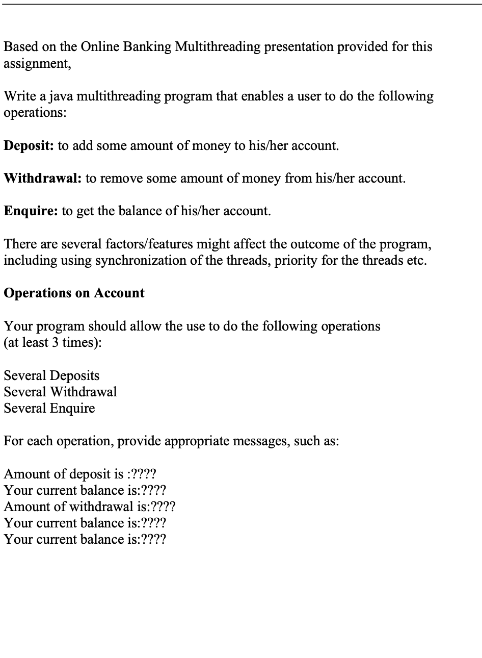 Solved Based on the Online Banking Multithreading | Chegg.com