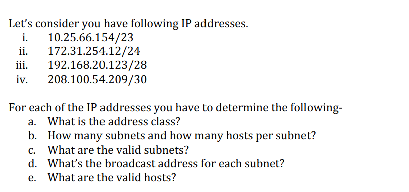 Solved Let's consider you have following IP addresses. i. | Chegg.com