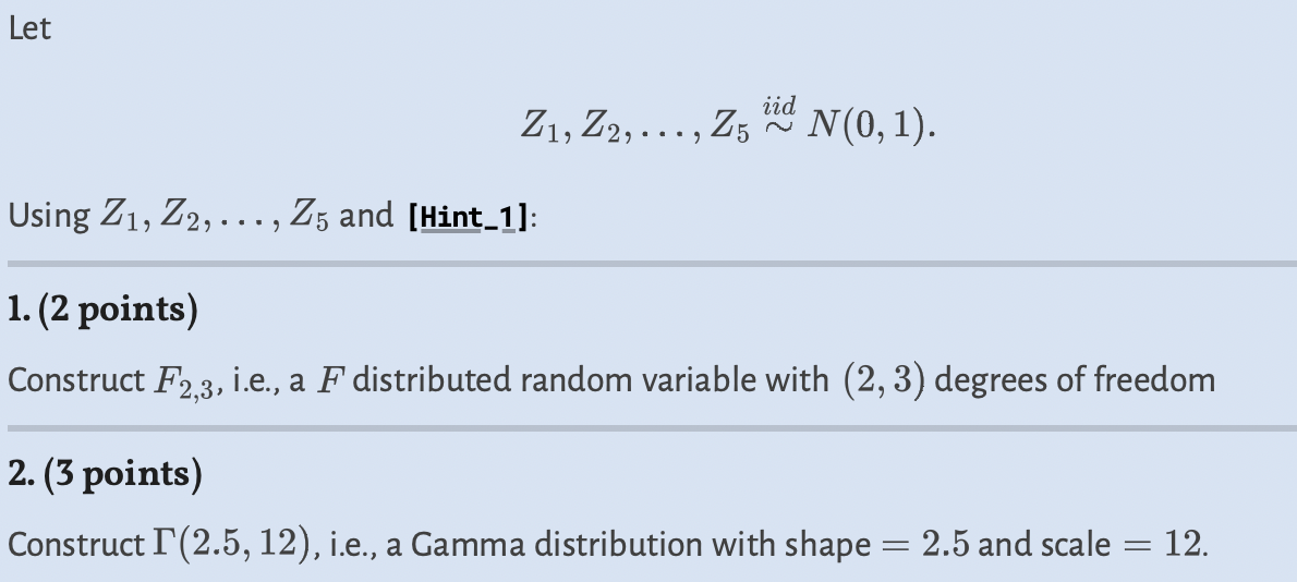 Solved Let Z1,Z2,…,Z5∼iidN(0,1) Using Z1,Z2,…,Z5 and [ | Chegg.com