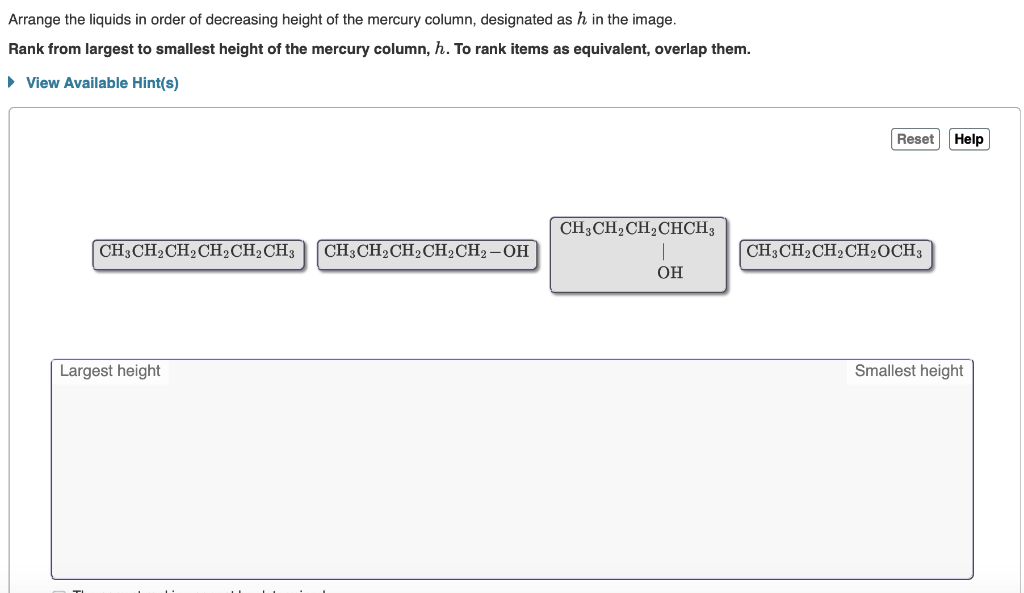 Solved Arrange the liquids in order of decreasing height of | Chegg.com