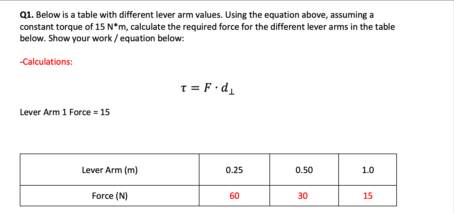 Solved Q1. Below is a table with different lever arm values. | Chegg.com