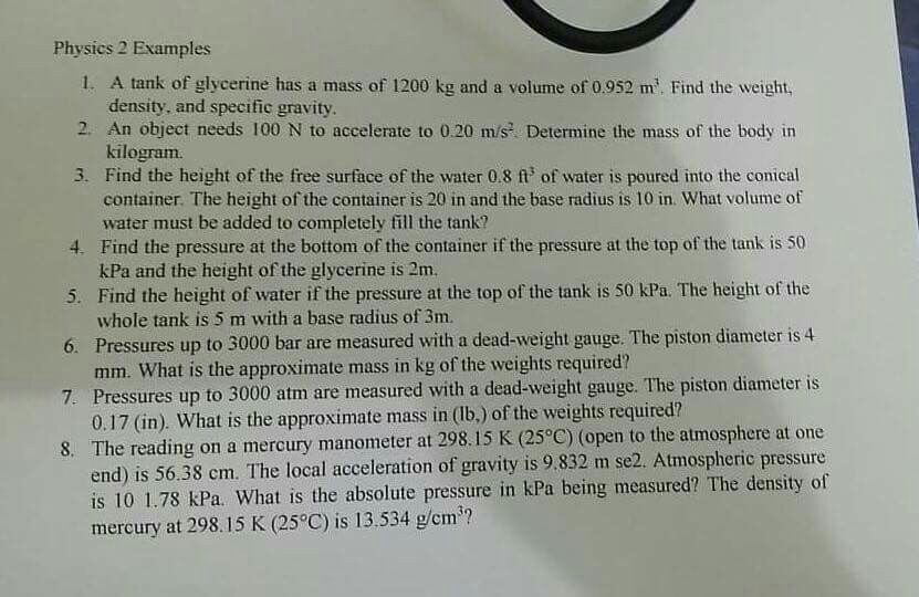 Solved Physics 2 Examples 1. A tank of glycerine has a mass | Chegg.com