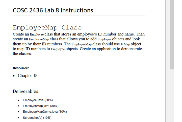Solved COSC 2436 Lab 8 Instructions EmployeeMap Class Create | Chegg.com