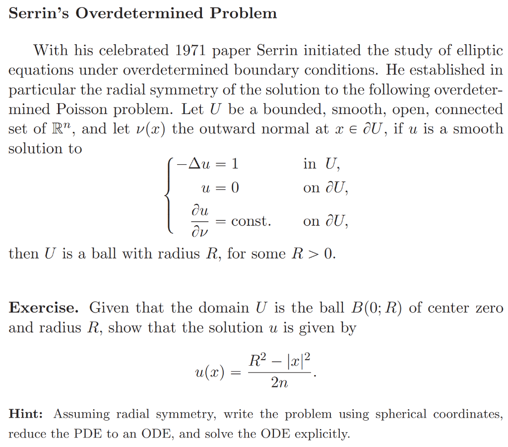 Solved Serrin's Overdetermined Problem With his celebrated | Chegg.com