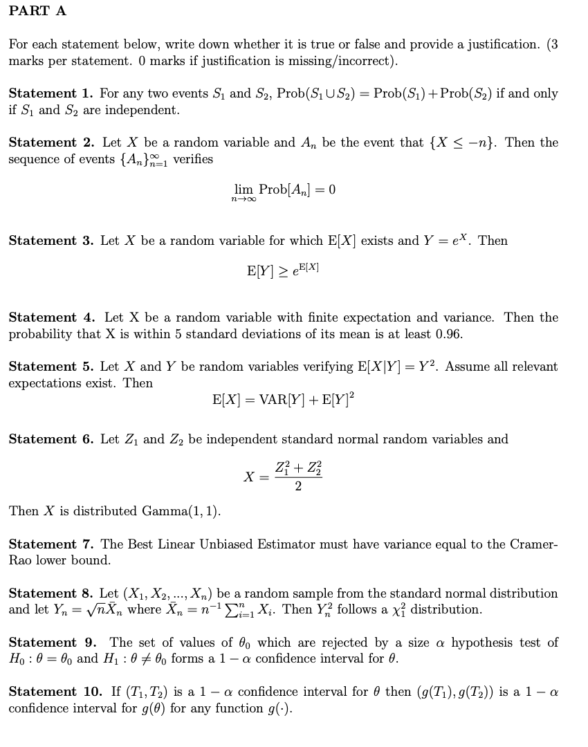 Solved PART A For each statement below, write down whether | Chegg.com