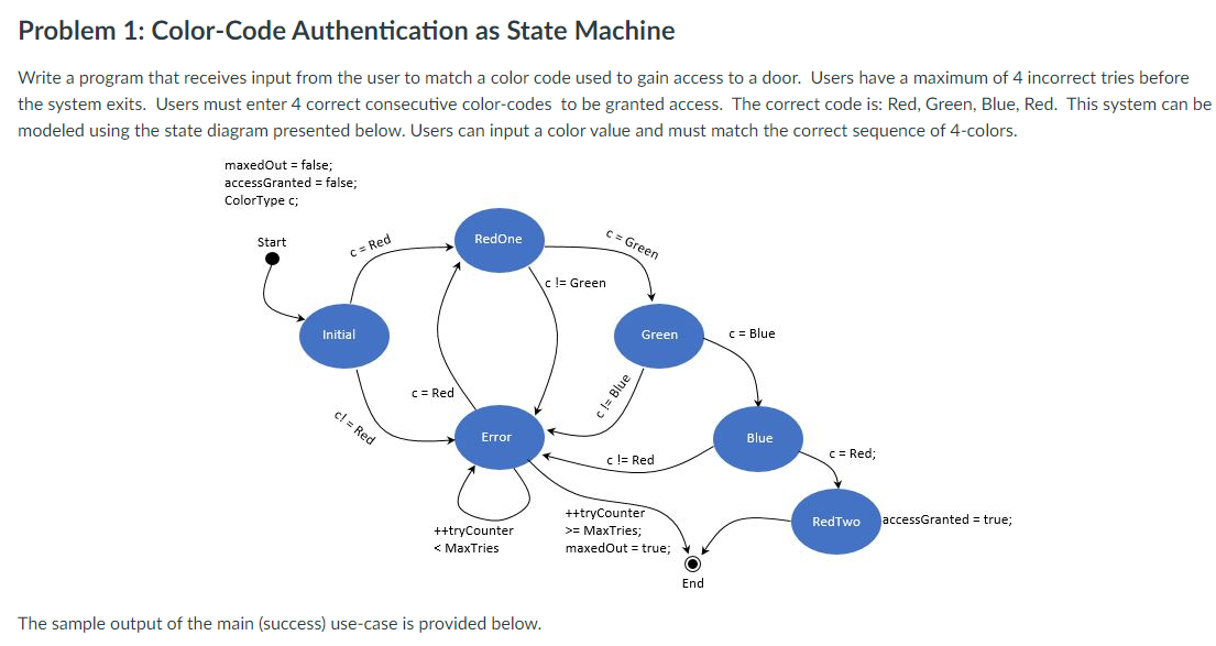Problem 1: Color-Code Authentication as State Machine | Chegg.com