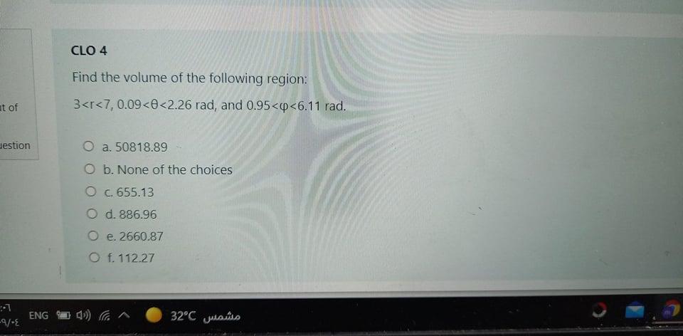 Solved CLO 4 Find the volume of the following region: at of | Chegg.com
