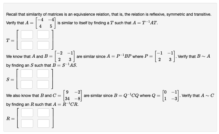 Solved Recall that similarity of matrices is an equivalence | Chegg.com