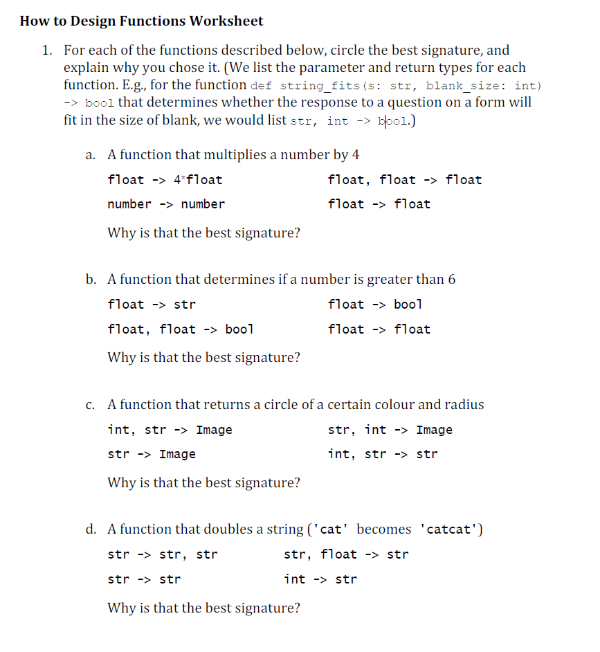 Solved How to Design Functions Worksheet 1. For each of the | Chegg.com