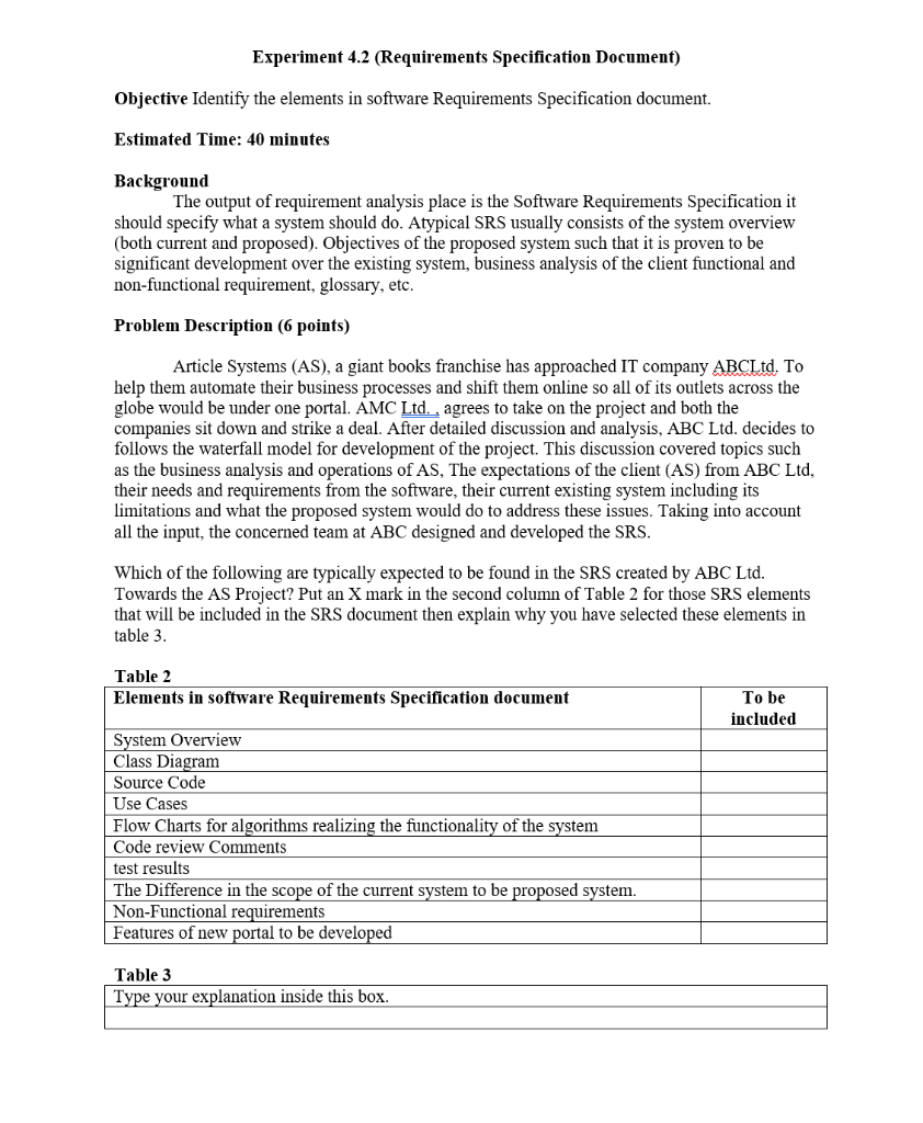 Solved Experiment 4.2 (Requirements Specification Document) | Chegg.com