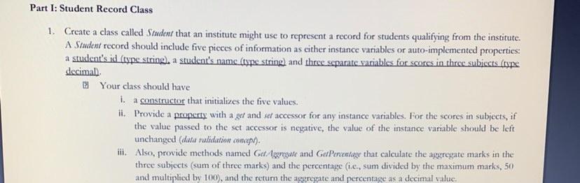 Solved Part I: Student Record Class 1. Create a class called | Chegg.com